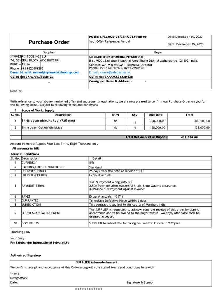 Purchase Order for Tooling Supplies | PDF | Receipt | Invoice