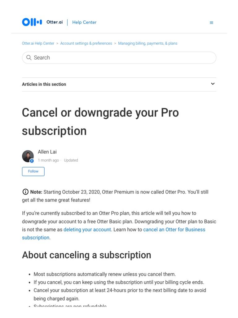 Cancel or Downgrade Your Pro Subscription - Otter - Ai Help Center | PDF | Subscription Business ...
