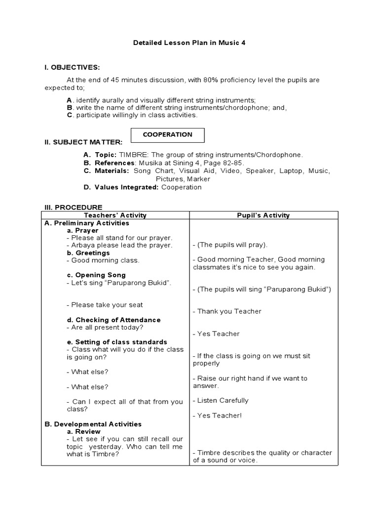 Grade 4 Lesson Plan on Timbre | PDF | String Instruments | Chordophones
