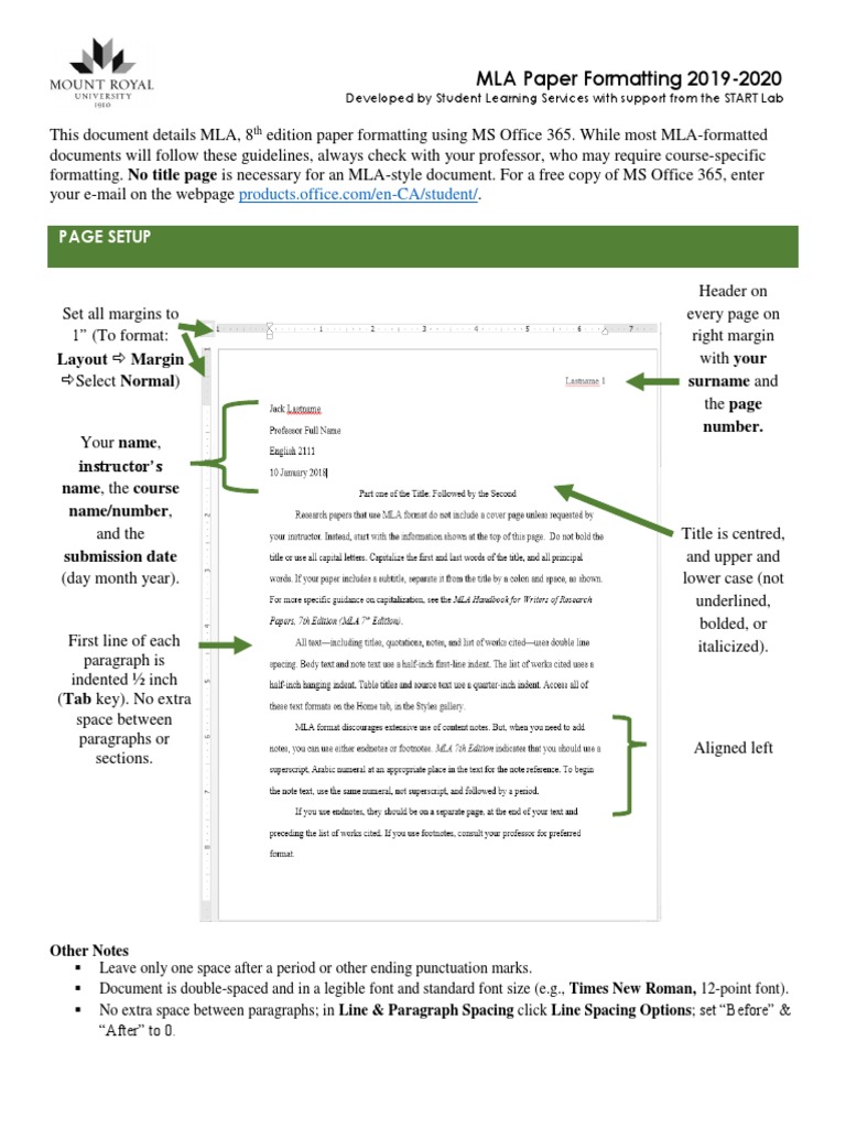 Mount Royal University MLA Formatting Guide 2019-2020 | PDF | Paragraph ...