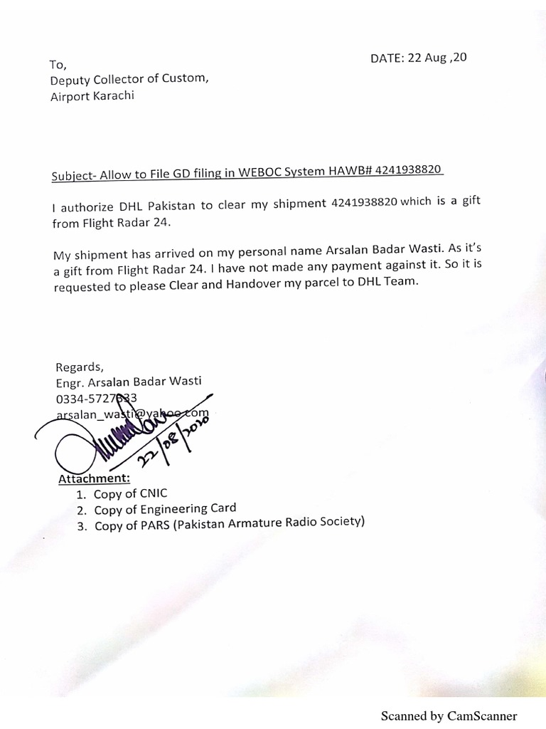 AUTHORITY LETTER For DHL Shipment Clearance | PDF