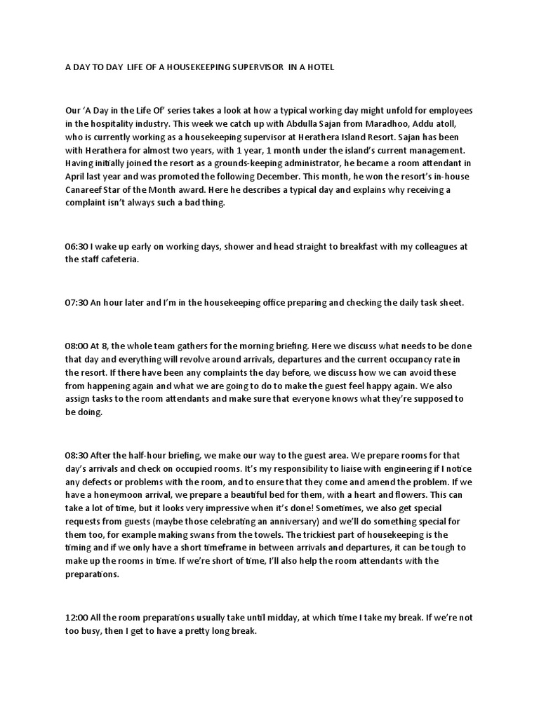 Daily Life of a Hotel Housekeeping Supervisor | PDF | Hotel And ...