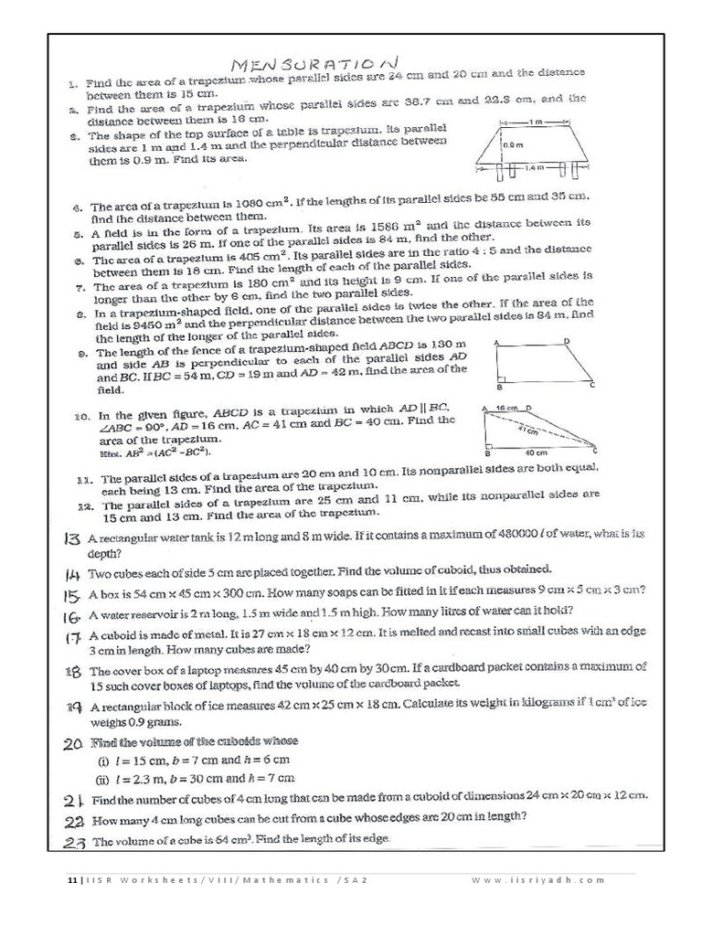 CBSE Class 8 Mathematics Worksheet - Mensuration PDF | PDF CBSE Class 8 Mathematics Worksheet - Mensuration PDF | PDF