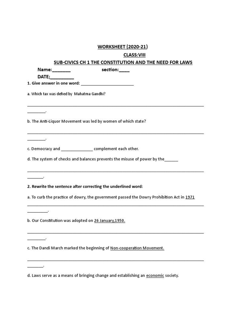 WORKSHEET (2020-21) Class:Viii Sub-Civics CH 1 The Constitution and The ...