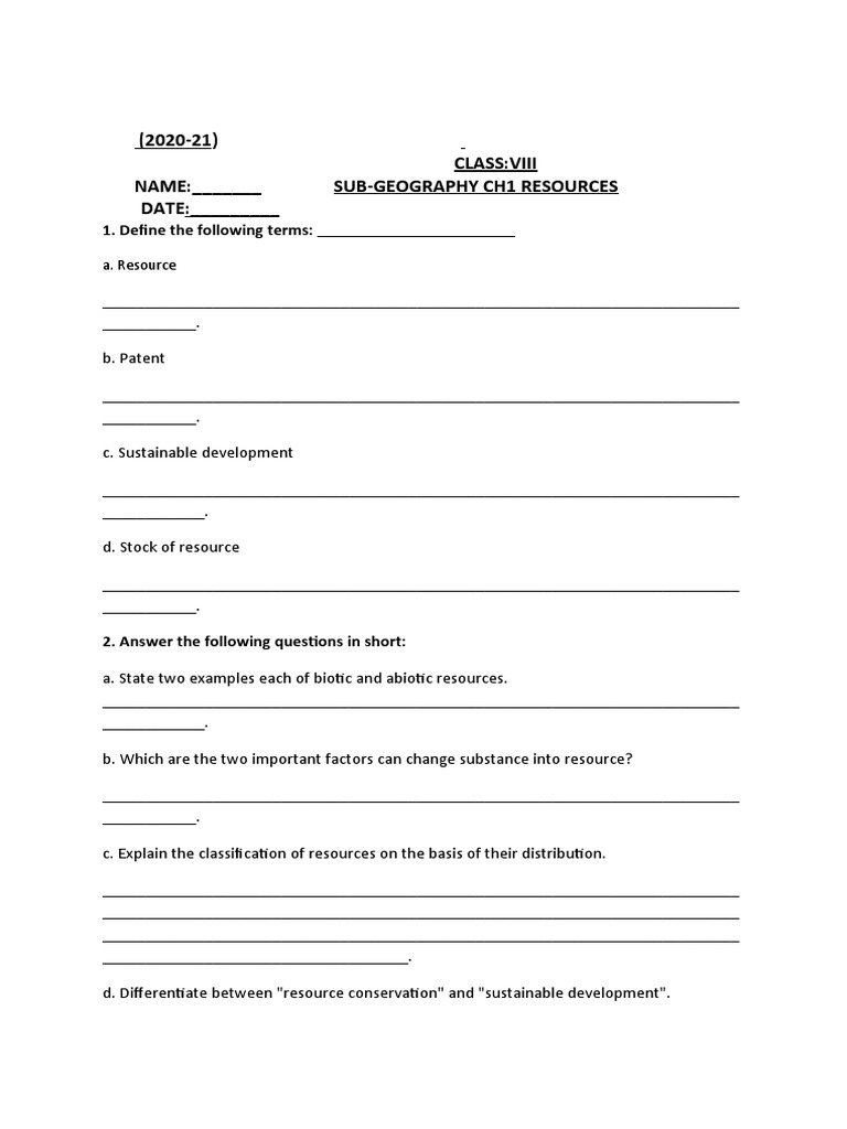Class 8 Geography: Resources Worksheet | PDF | Resource | Environmental ...