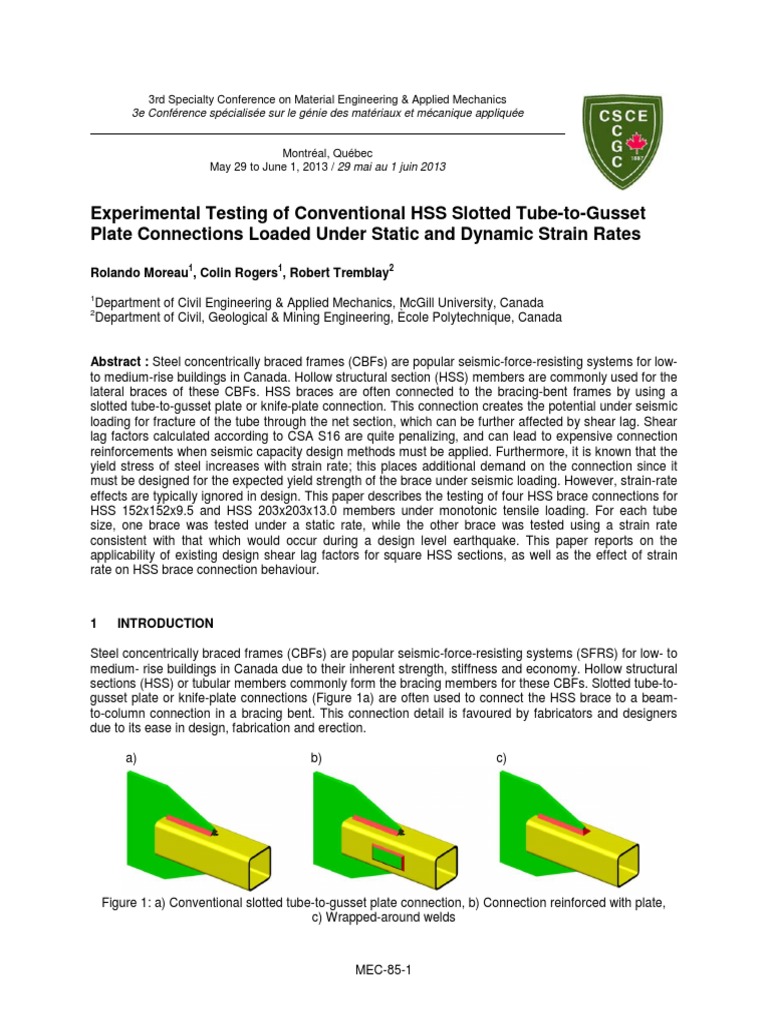 Experimental Testing of Conventional HSS Slotted Tube-to-Gusset | PDF ...
