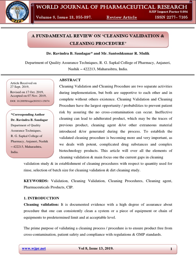 A Fundamental Review On Cleaning Validation & Cleaning Procedure' | PDF ...
