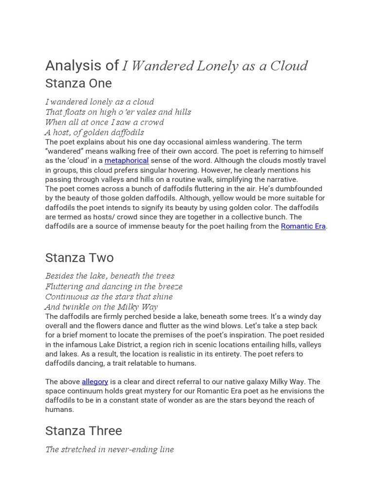 Analysis of I Wandered Lonely As A Cloud: Stanza One | Download Free ...