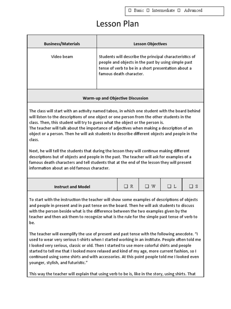 Lesson Plan To Be Simple Past | PDF | Verb | Lesson Plan
