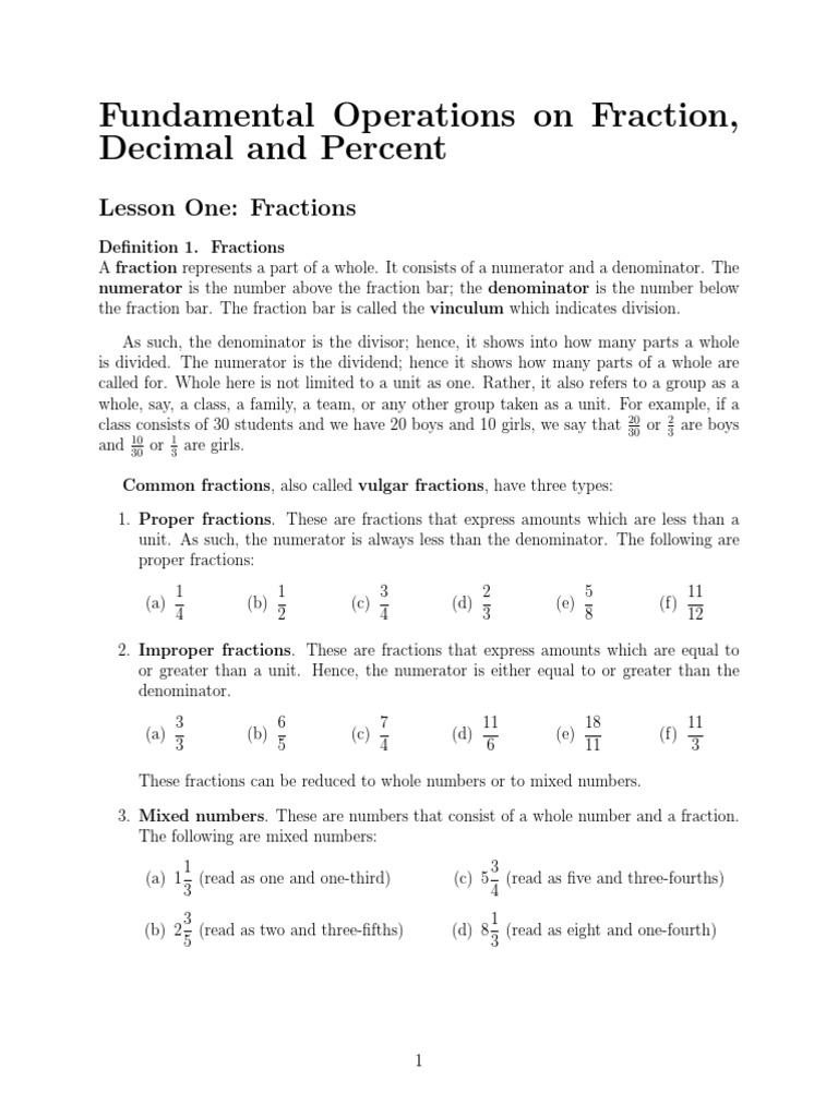 Fundamental Operations On Fraction, Decimal and Percent: Lesson One ...