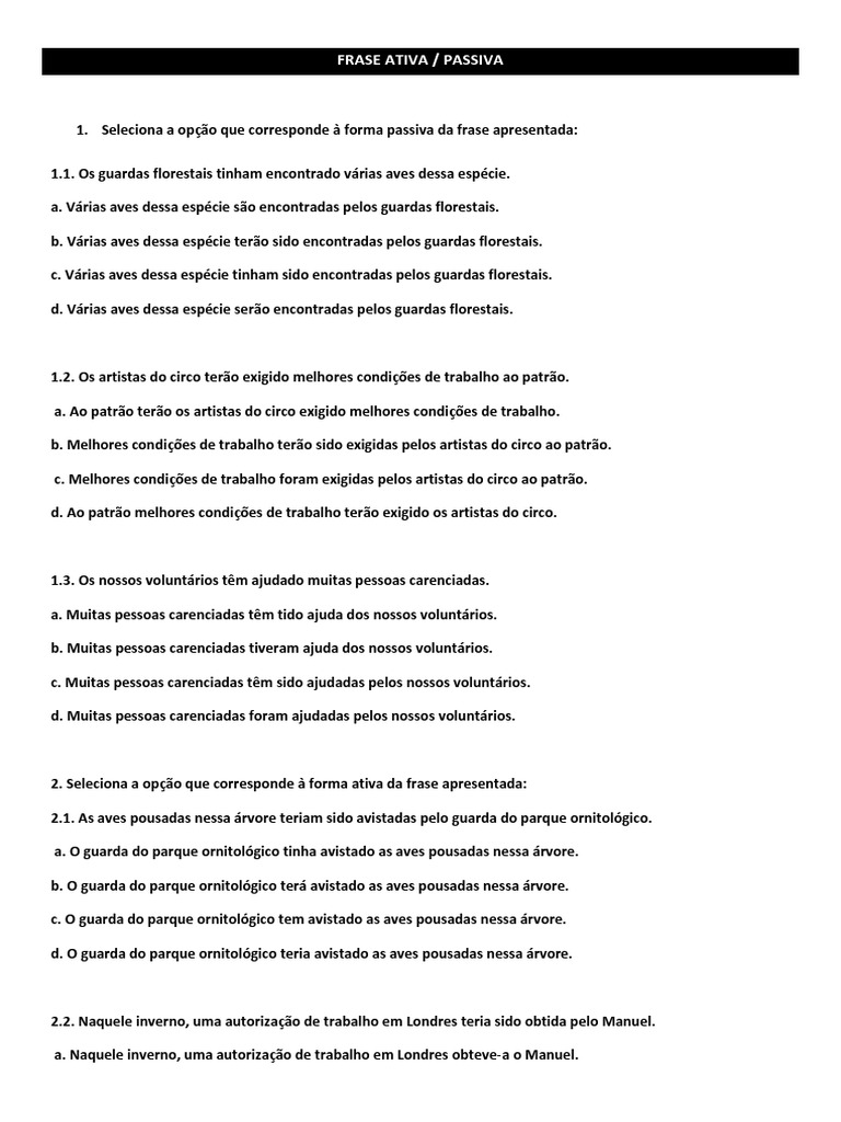 Ficha Frase Passiva e Frase Ativa PDF | PDF