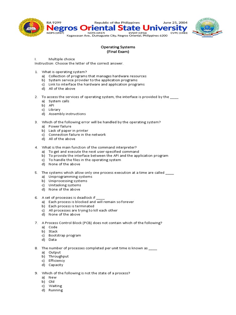 Operating Systems (Final Exam) | PDF | Process (Computing) | Operating System