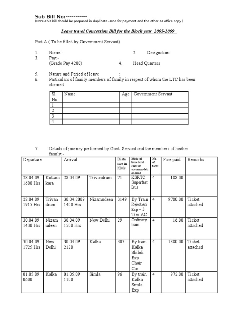 Leave Travel Concession Bill For The Block Year 2005-2009 | PDF ...