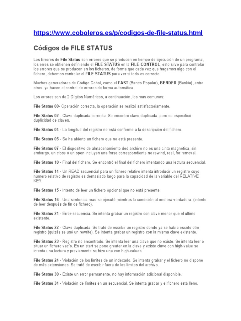 Códigos de FILE STATUS COBOL | PDF | Archivo de computadora | Almacenamiento de datos de la ...