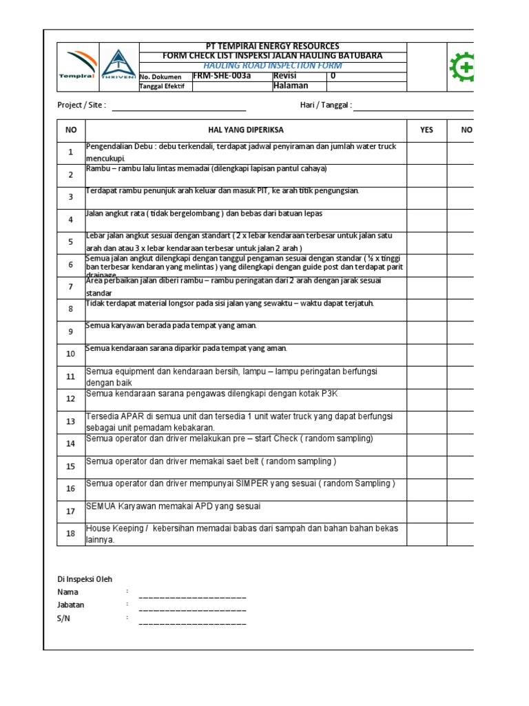 FRM-SHE-003-Inspeksi Hauling Road | PDF