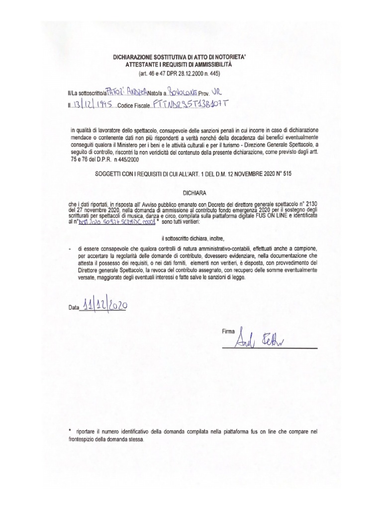 Dichiarazione Sostitutiva Di Atto Di Notorieta' PDF | PDF