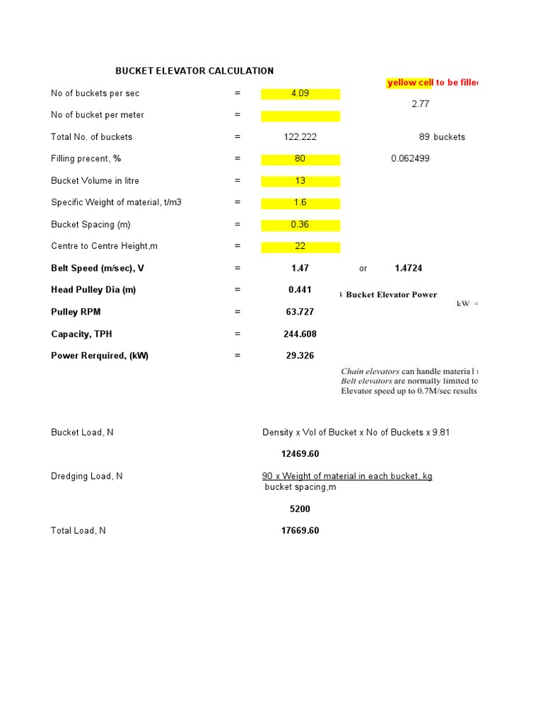 Bucket Elevator Calculation: Yellow Cell To Be Filled | PDF