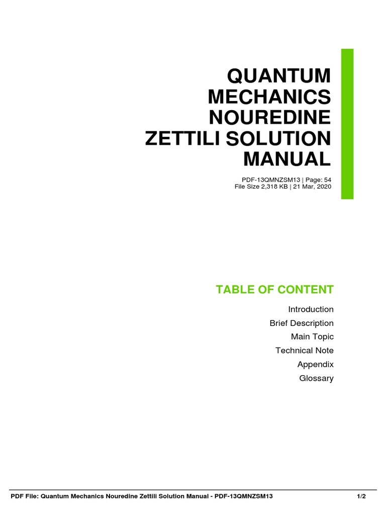 Quantum Mechanics Nouredine Zettili Solution Manual: Table of Content | PDF