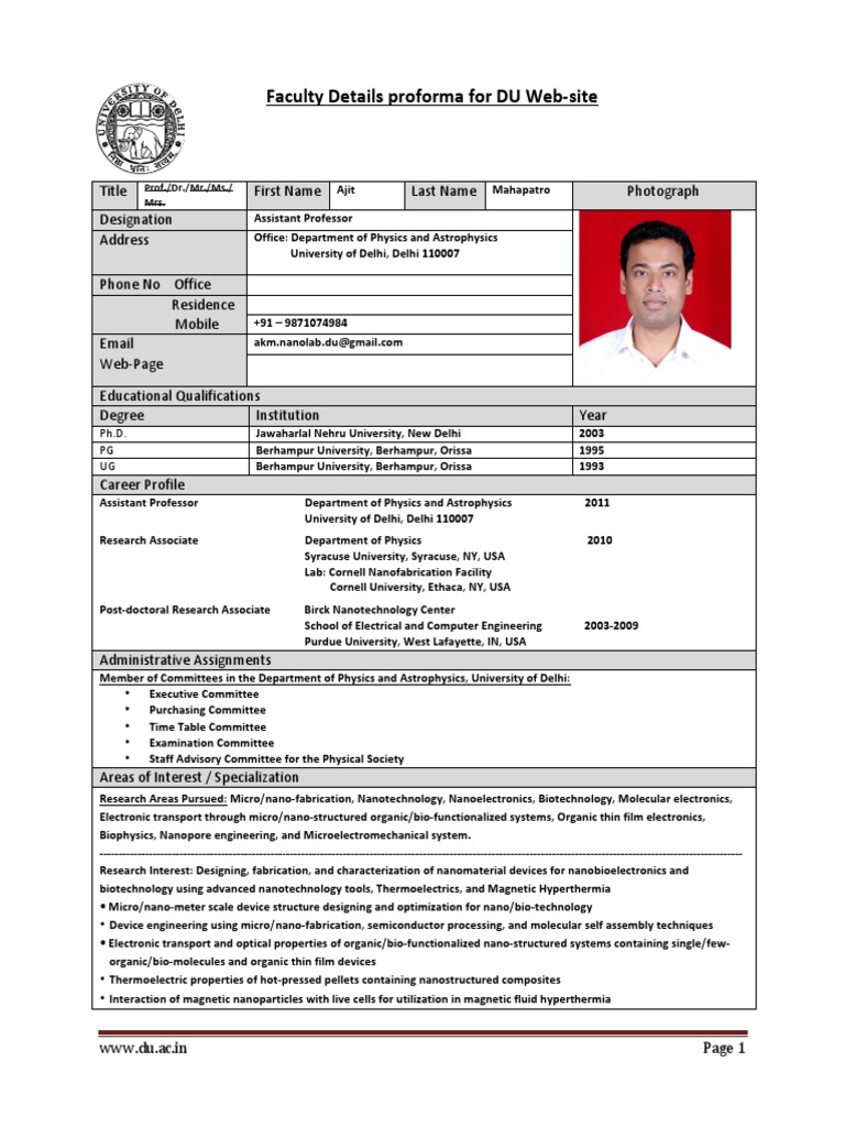 Faculty Details Proforma For DU Web-Site: Prof./Dr./Mr./Ms./ Mrs | PDF ...