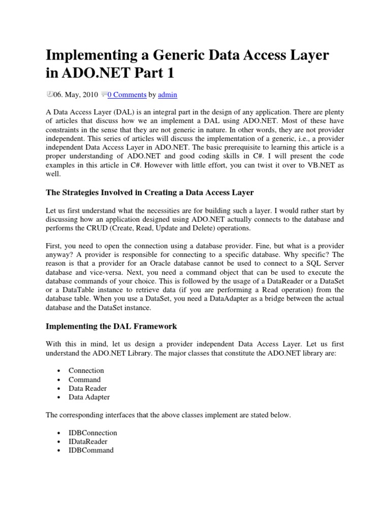 Implementing A Generic Data Access Layer In Pdf Database Transaction Parameter Computer 
