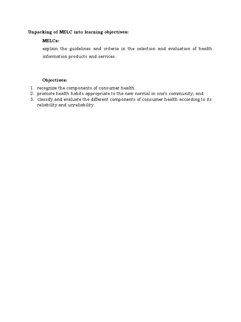 Unpacking of MELC Into Learning Objectives 1 | PDF