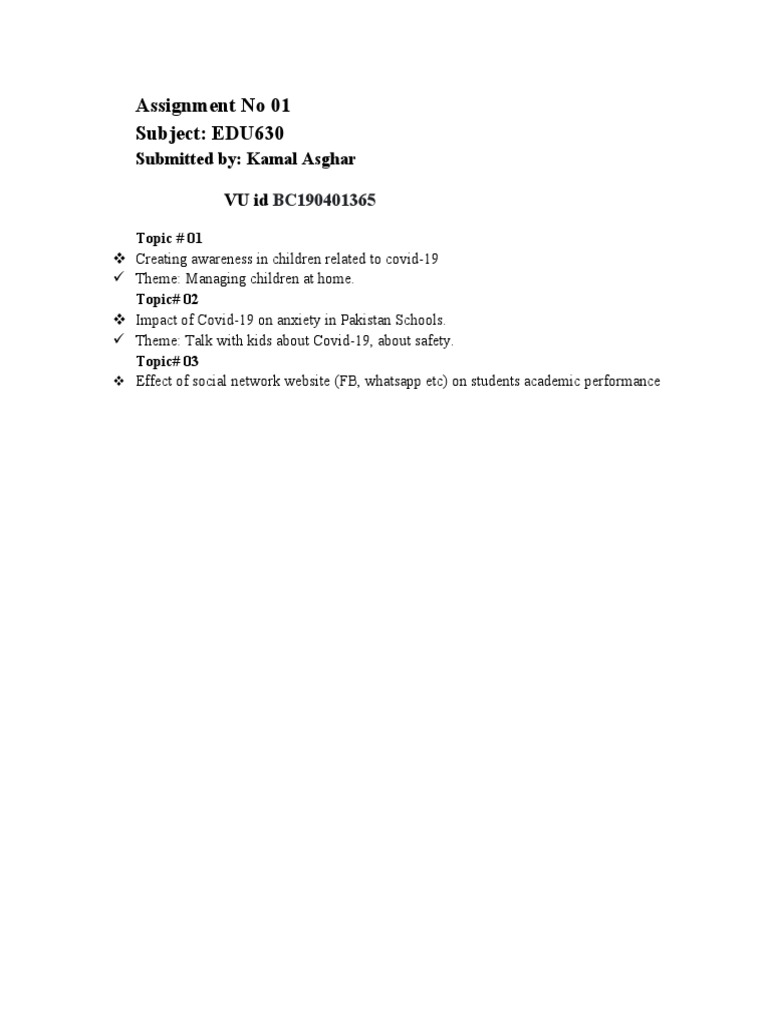 Assignment No 01 Subject: EDU630: Submitted By: Kamal Asghar VU Id | PDF