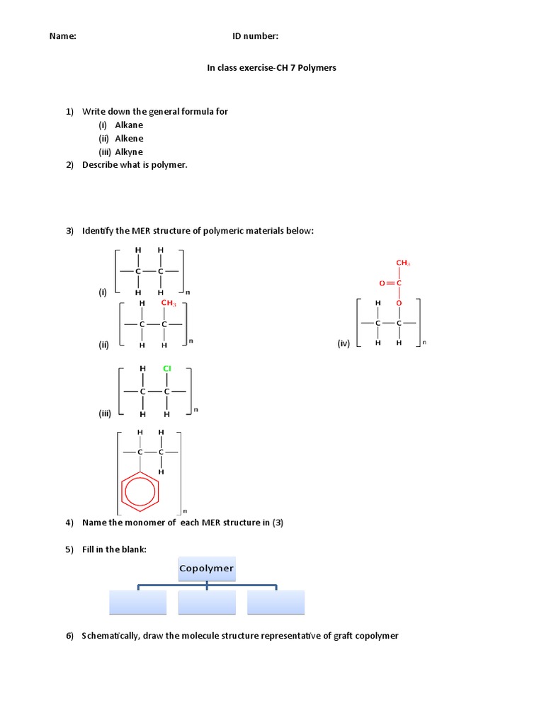 In Class Exercise CH 7 Polymer | PDF | Copolymer | Polymers