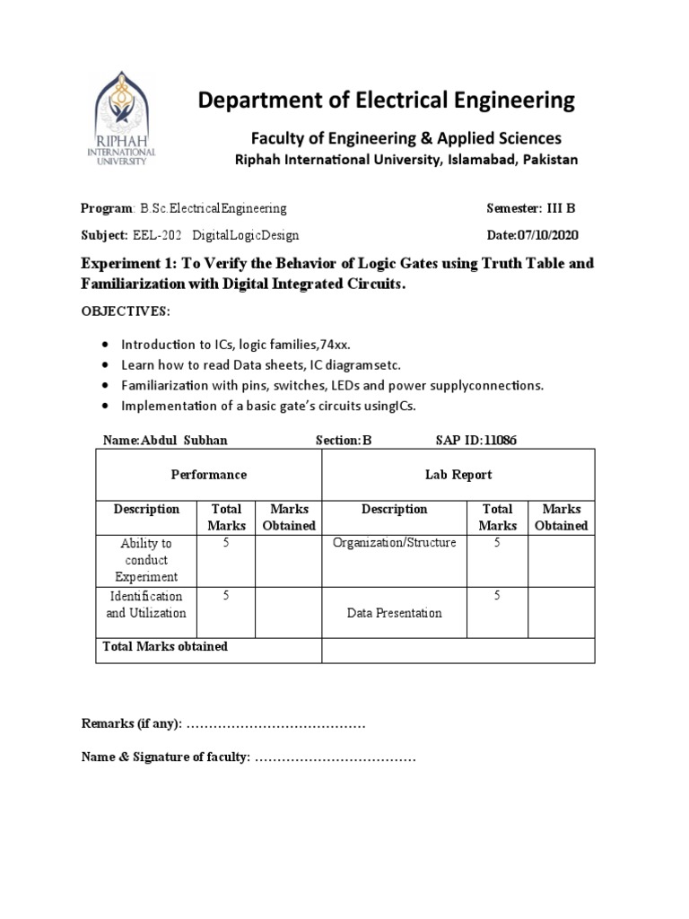 DLD Lab 1 | PDF | Logic Gate | Electronic Circuits