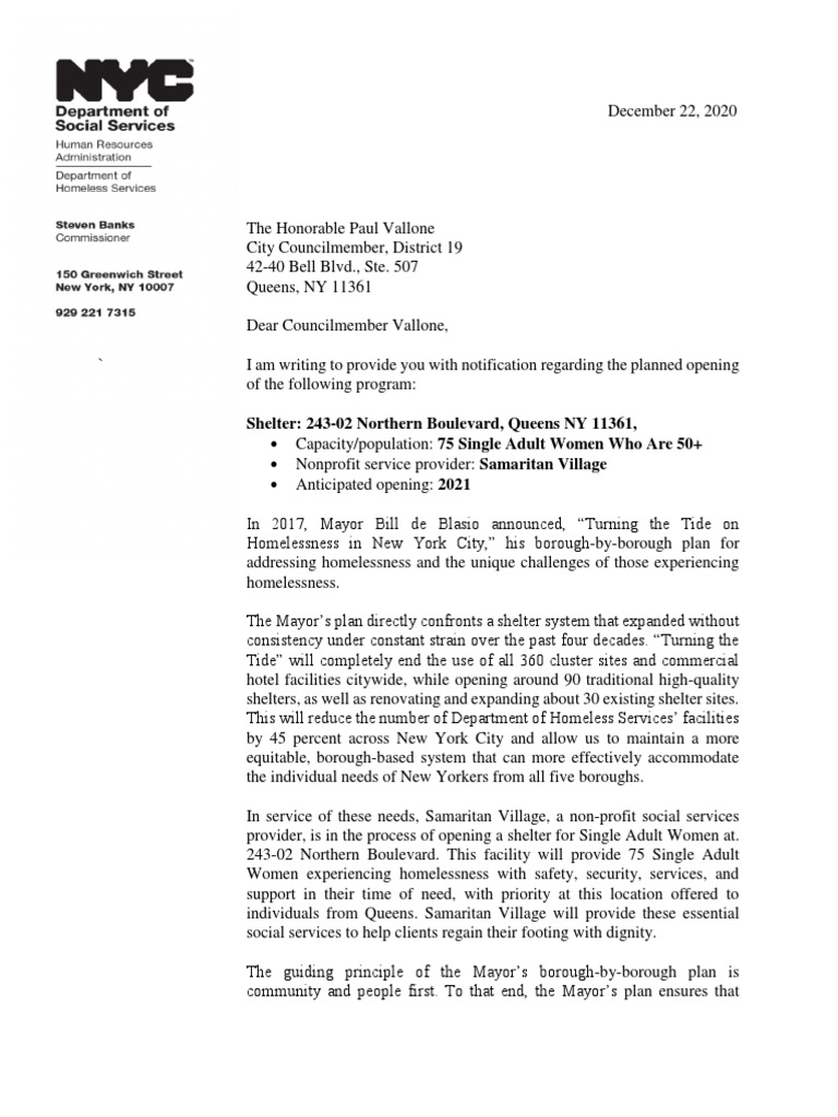 Letter About 243-02 Northern Boulevard Shelter | PDF | Homelessness ...