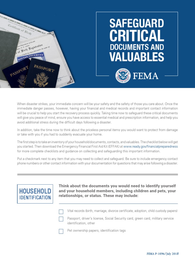 Fema - Safeguard Critical Documents and Valuables | PDF | Child Support ...