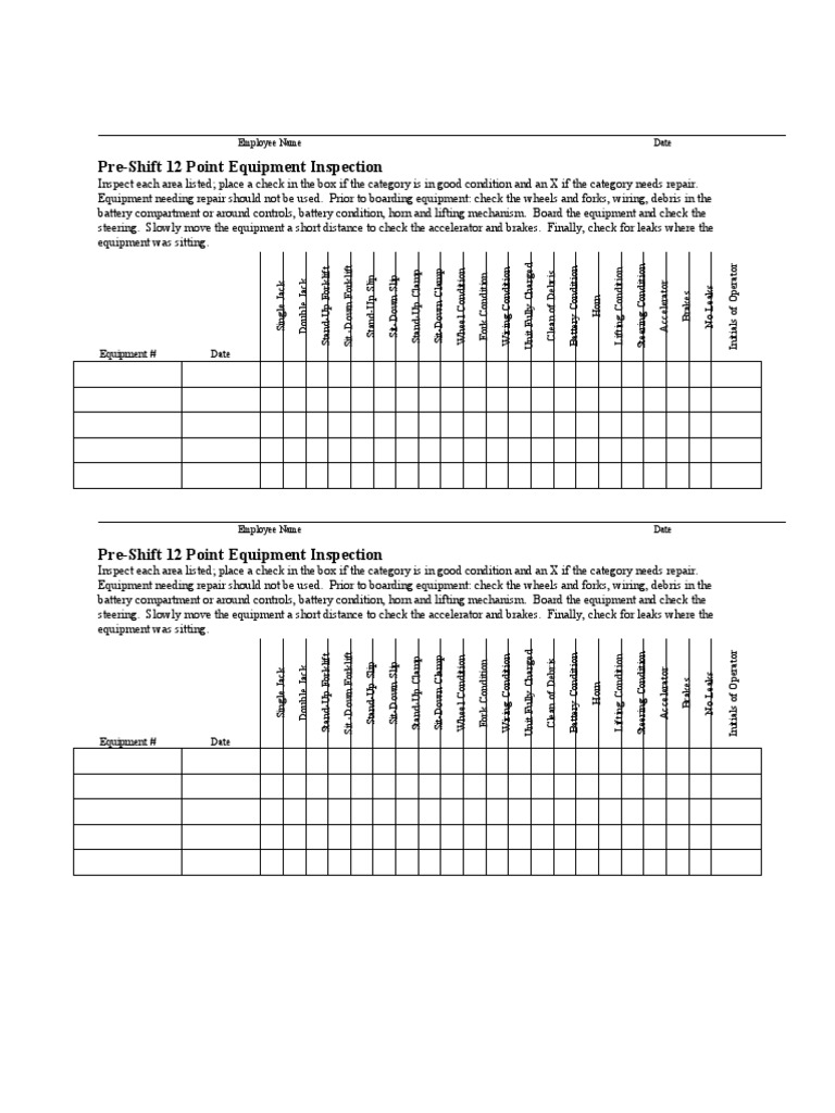 Pre-Shift 12 Point Equipment Inspection | PDF | Forklift | Automotive ...