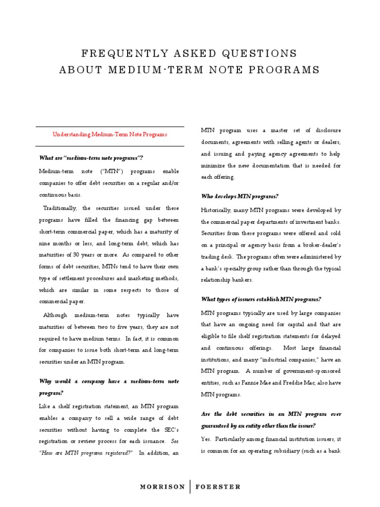 Frequently Asked Questions About Medium-Term Note Programs | PDF ...