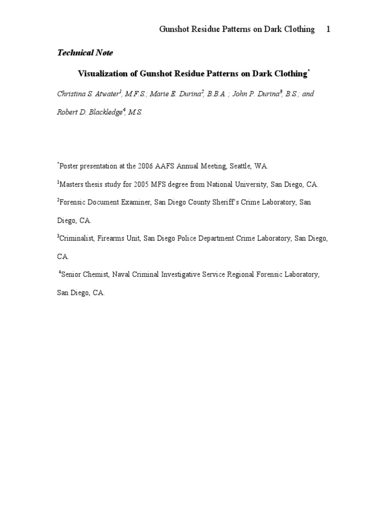 Visualization of Gunshot Residue Patterns On Dark Clothing: Technical ...