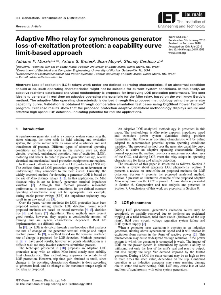 Adaptive Mho Relay For Synchronous Generator Loss-Of-Excitation ...