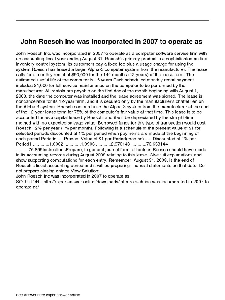 John Roesch Inc Lease Accounting Entries | PDF | Renting | Lease