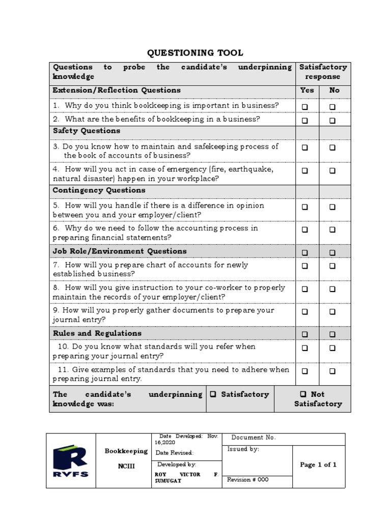 Questioning Tool: Bookkeeping Nciii Page 1 of 1 | PDF