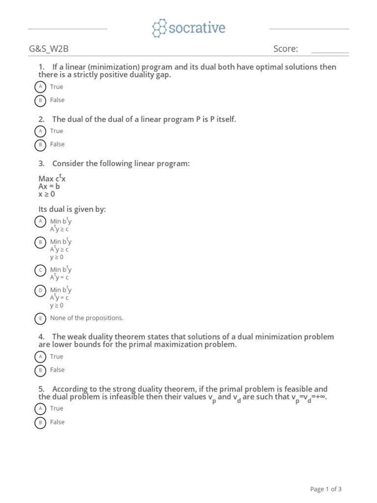 Quizz 2B Game Theory | PDF | Combinatorial Optimization | Linear ...