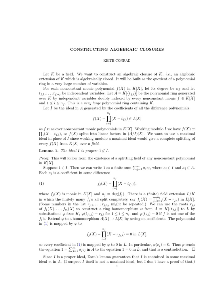 Keith Conrad: F F, 1 F, N F, I | Download Free PDF | Ring (Mathematics ...
