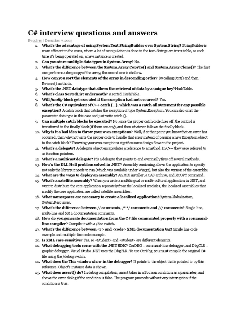 C# Interview Questions and Answers: by Admin - December 7, 2003 | PDF ...