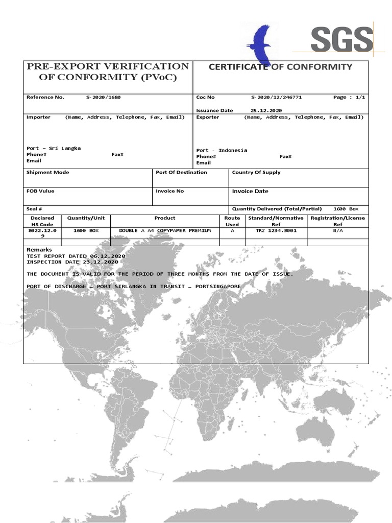 Pre-Export Verification of Conformity (Pvoc) Certificate | PDF