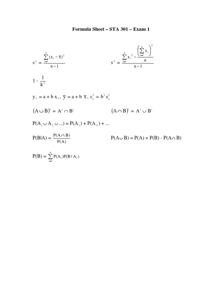 X S B A : Formula Sheet - STA 301 - Exam 1 | PDF