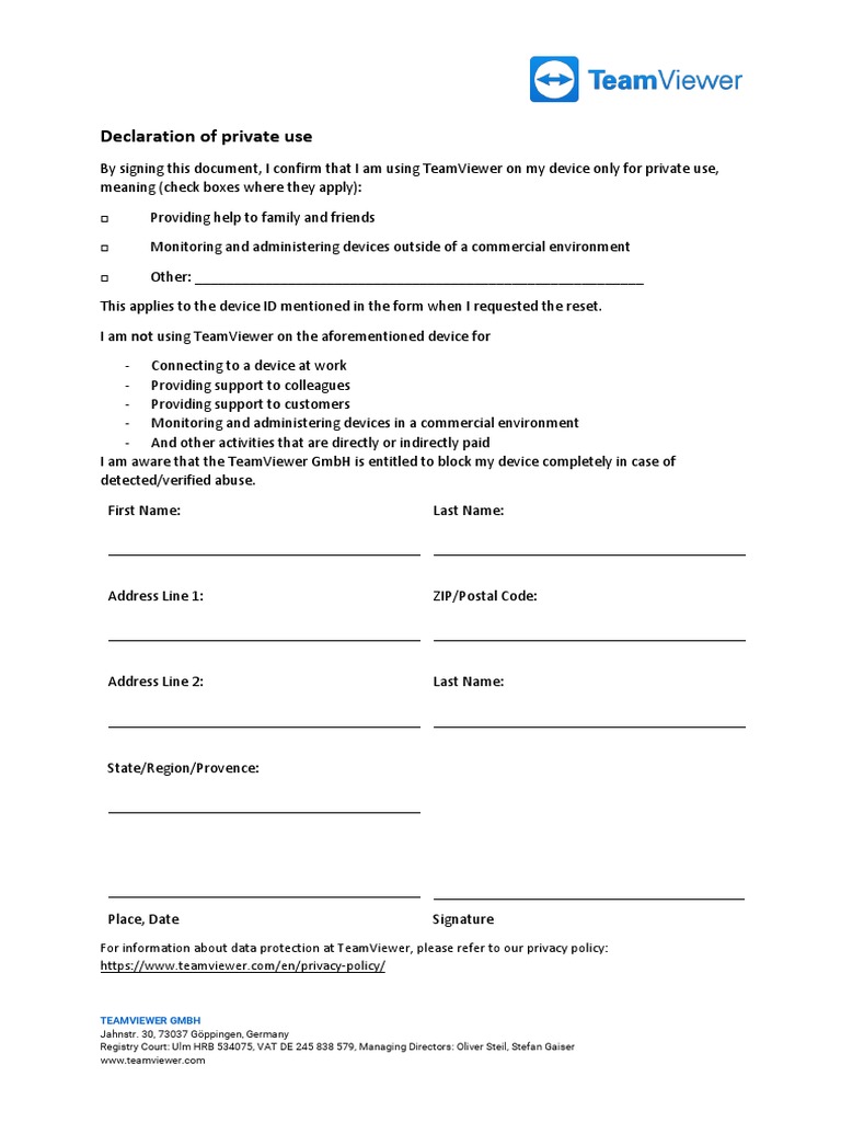 TeamViewer Private Use Declaration Form | PDF | Business | Law