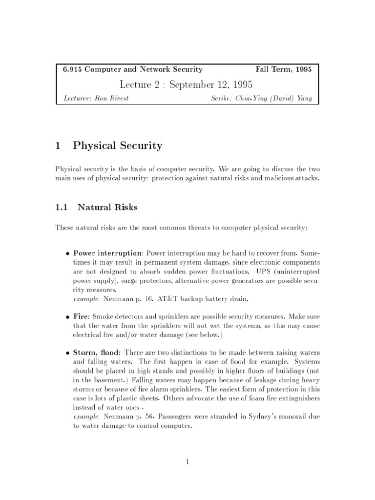 Lecture 2: September 12, 1995: 6.915 Computer and Network Security Fall ...