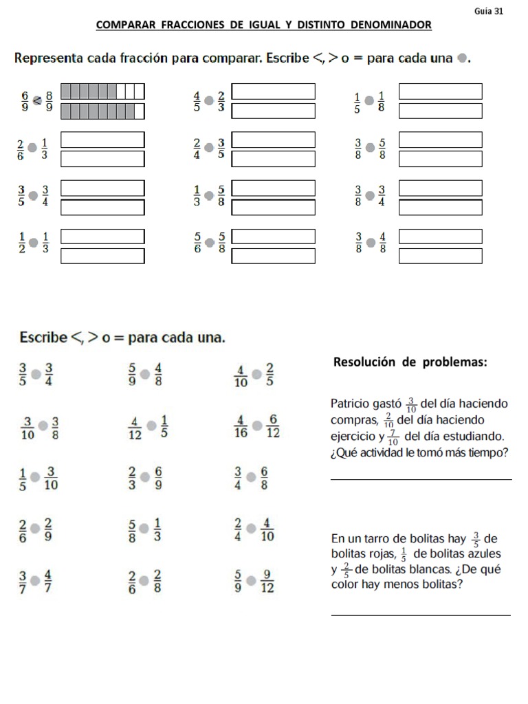 Guía 31 - COMPARAR FRACCIONES DE IGUAL Y DISTINTO DENOMINADOR | PDF