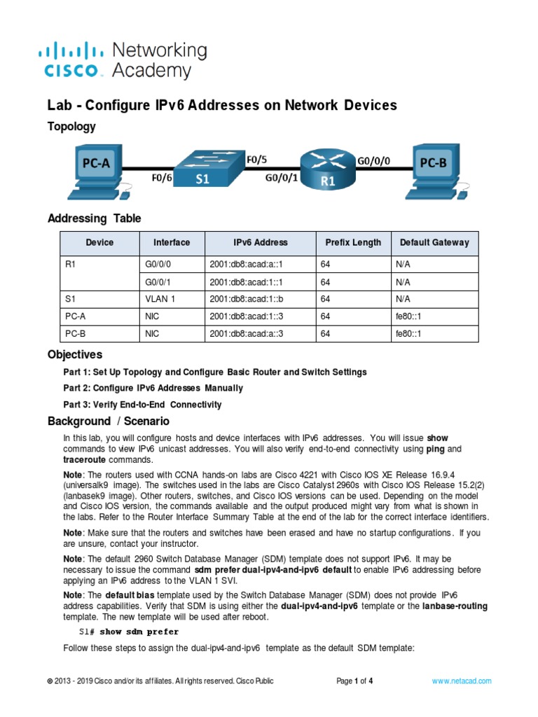 12.9.2 Lab - Configure Ipv6 Addresses On Network Devices | PDF | I Pv6 | Computer Mediated ...