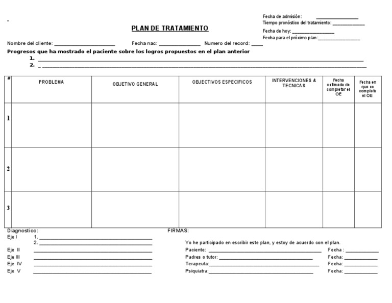 Modelo Plantilla para Formular Un Plan de Tratamiento en Blanco | PDF | Salud mental | Cuidado ...