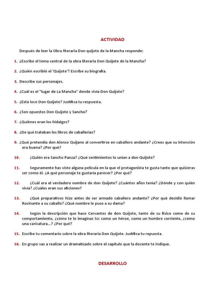 Don Quijote de La MAncha Taller | PDF | Don Quijote | Miguel De Cervantes