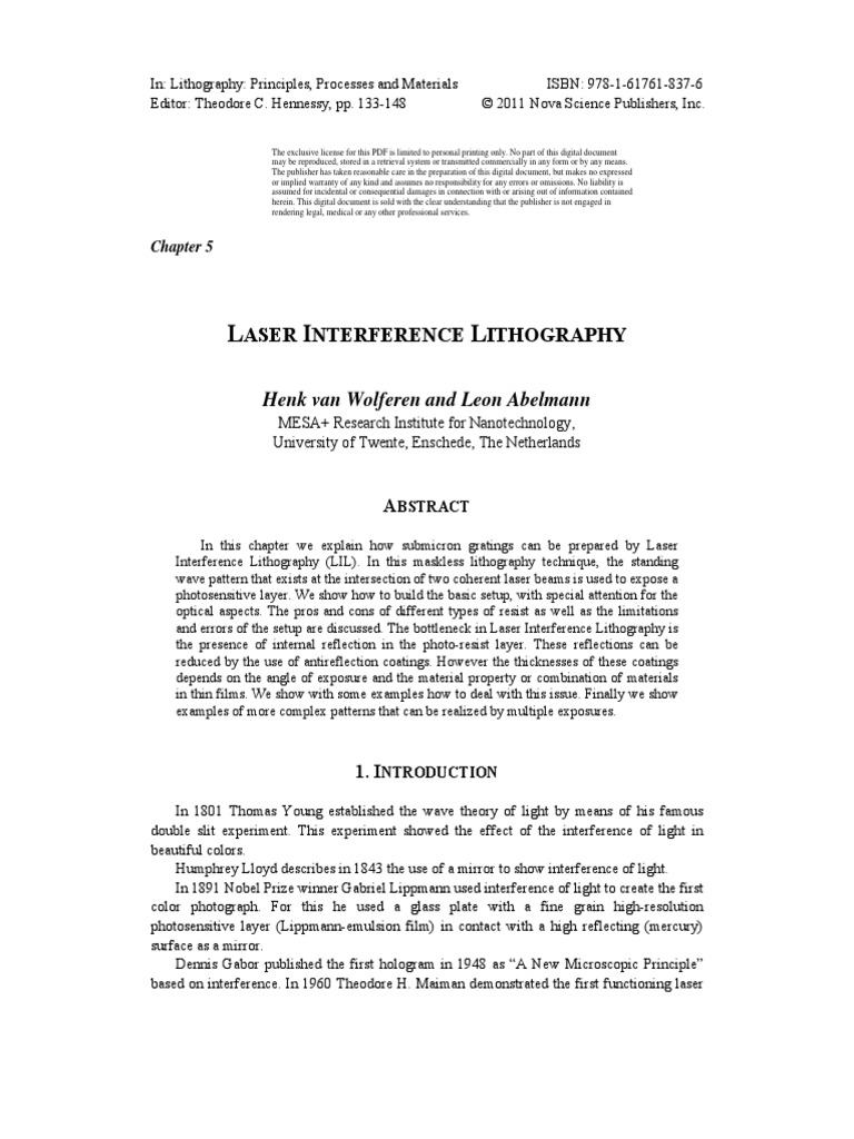Laser Interference Lithography - Henk | PDF | Interferometry ...