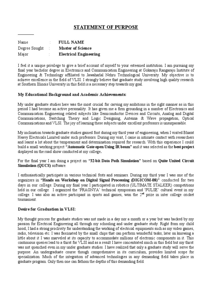 Statement of Purpose | PDF | Electrical Engineering | Graduate School