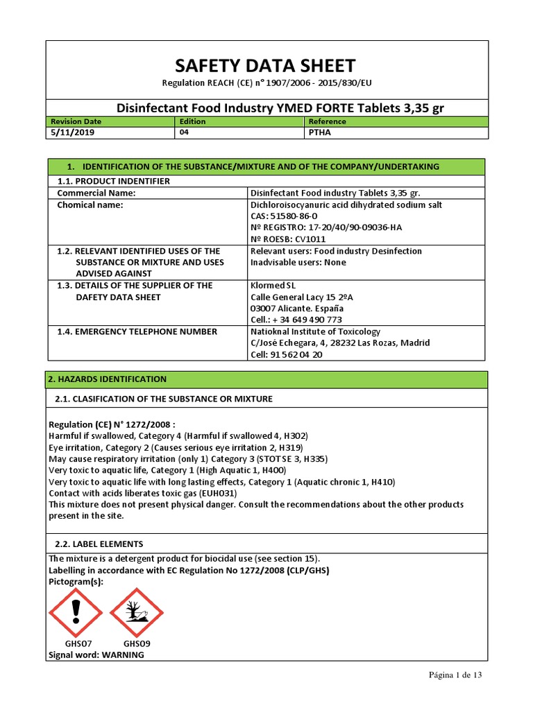 YMED FORTE Disinfectant Safety Data Sheet | PDF | Dangerous Goods ...